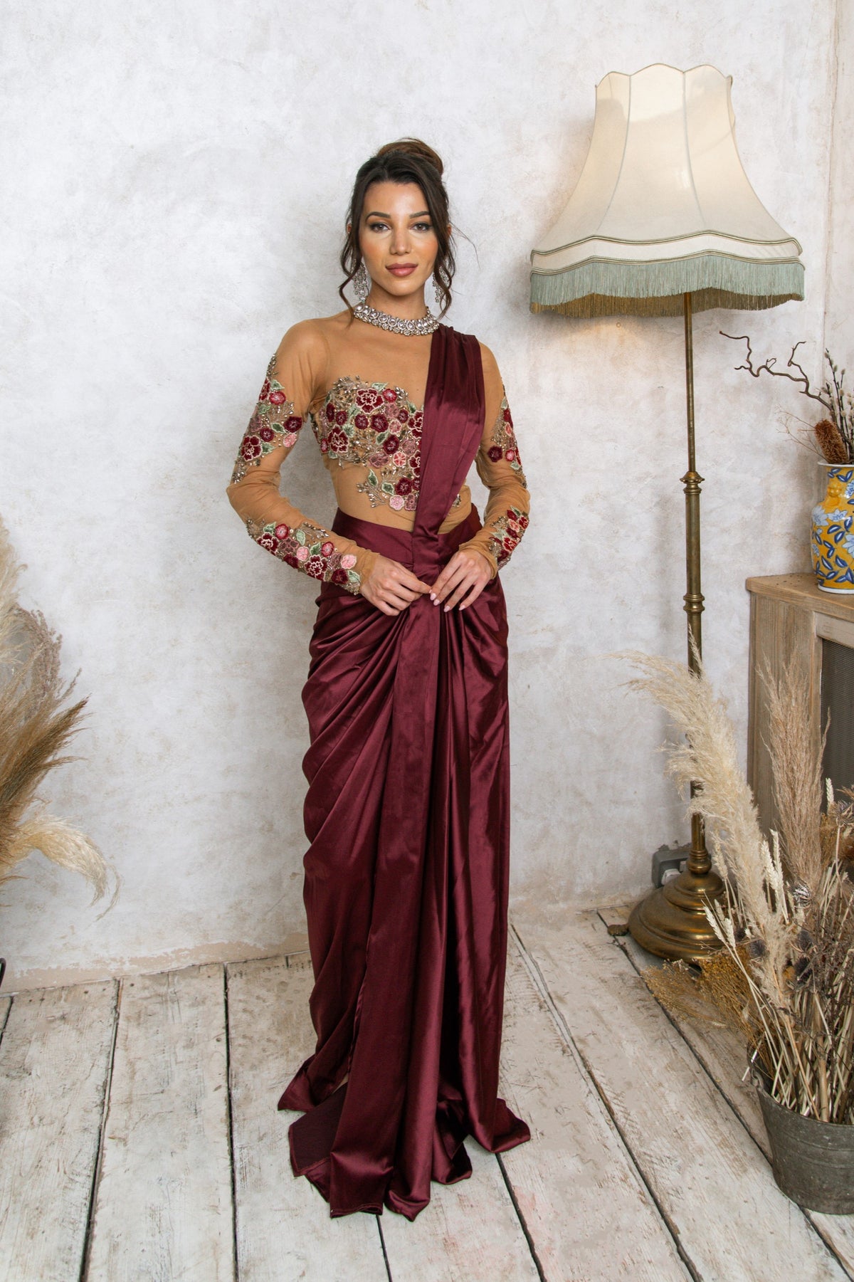 GW Custom | The Floral Tulle Top & Draped Saree Skirt